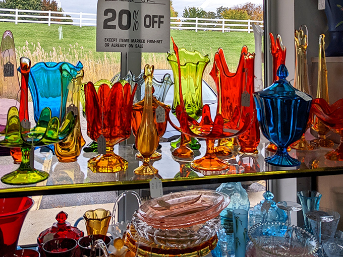 Like liquid jewels catching the light, this vintage glassware collection transforms ordinary sunbeams into a kaleidoscope of nostalgic color.
