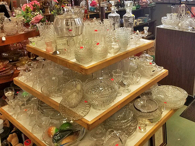 Crystal clear memories await in the glassware section, where Depression-era pieces sparkle alongside mid-century serving bowls.