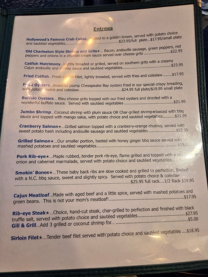 The menu reads like a love letter to Southern comfort &ndash; from crab cakes to meatloaf that's "not your mom's." Each description makes your stomach growl in anticipation.