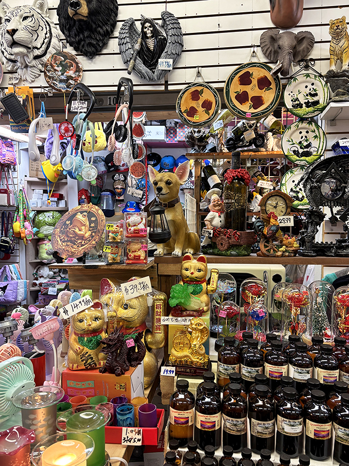 Lucky cats, mystical figurines, and decorative bottles transform this corner into a curiosity shop that would make even Harry Potter do a double-take.