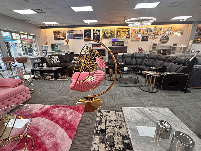 Furniture shopping where that pink peacock chair costs less than three therapy sessions and provides exactly as much joy.