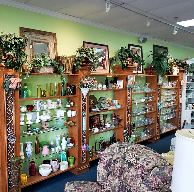 The home decor section could double as a museum of American interior design trends, with wooden shelves showcasing everything from milk glass to vintage vases.