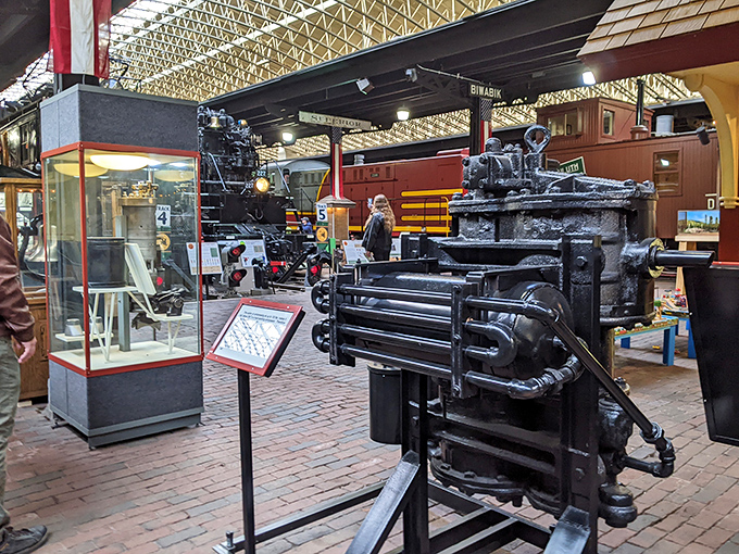 Engine components and mechanical marvels fill this exhibit area, where the inner workings of locomotive power come to life.