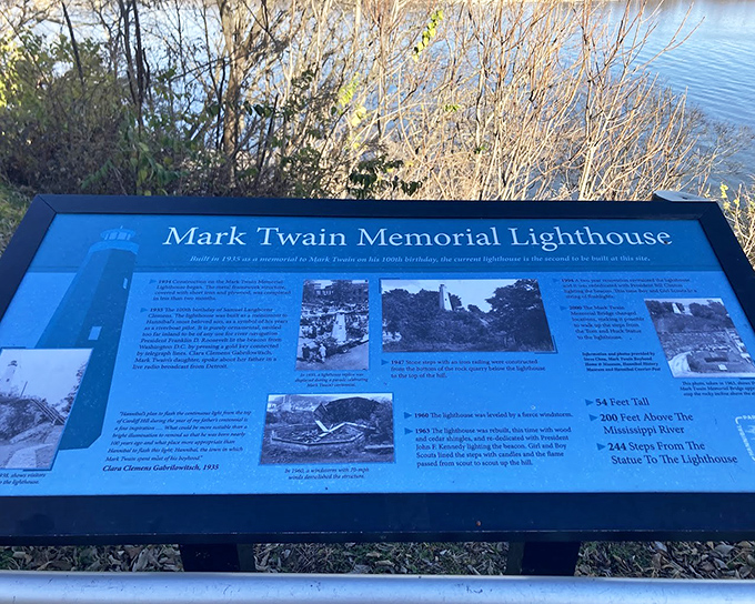 History comes alive on this informational plaque, revealing the lighthouse's surprising story as Missouri's most wonderfully misplaced maritime monument.