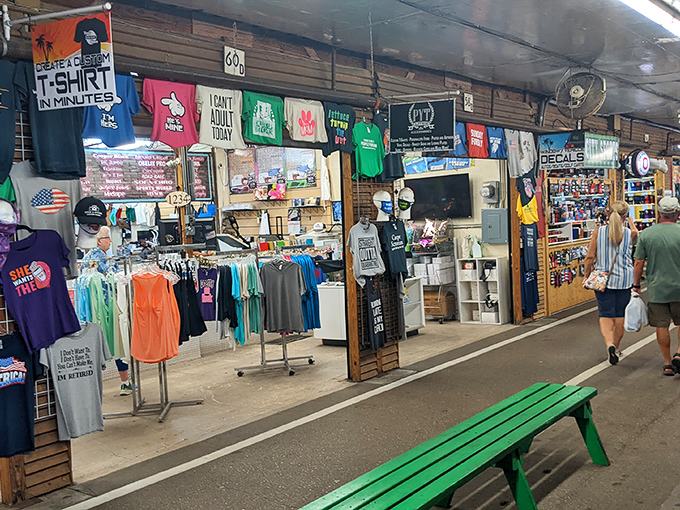 Wide aisles and rustic wooden beams create a shopping cathedral where bargain hunters worship at the altar of deals.