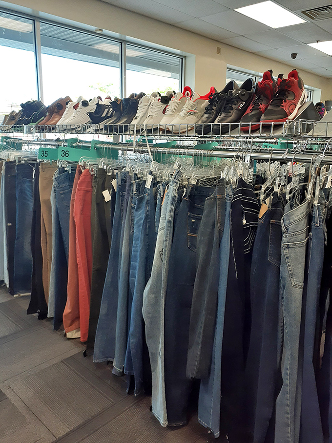 Denim heaven awaits with rows of jeans organized by size, proving that finding your perfect fit doesn't require emptying your wallet.