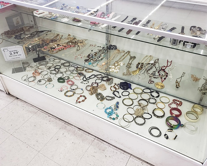 Jewelry cases glitter with possibility - one person's discarded accessories become another's statement piece at remarkable prices.