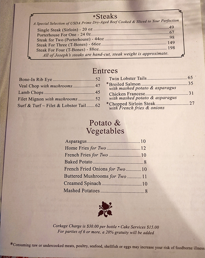 The menu reads like poetry for meat lovers&mdash;notice how the porterhouse options escalate from "impressive" to "are you kidding me?"