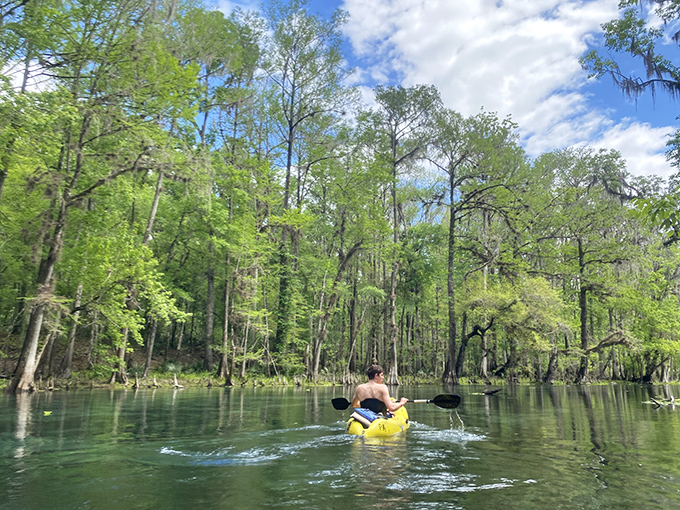 The ultimate Florida commute: paddling through nature's screensaver. No traffic jams here&mdash;just you, a yellow kayak, and endless serenity.