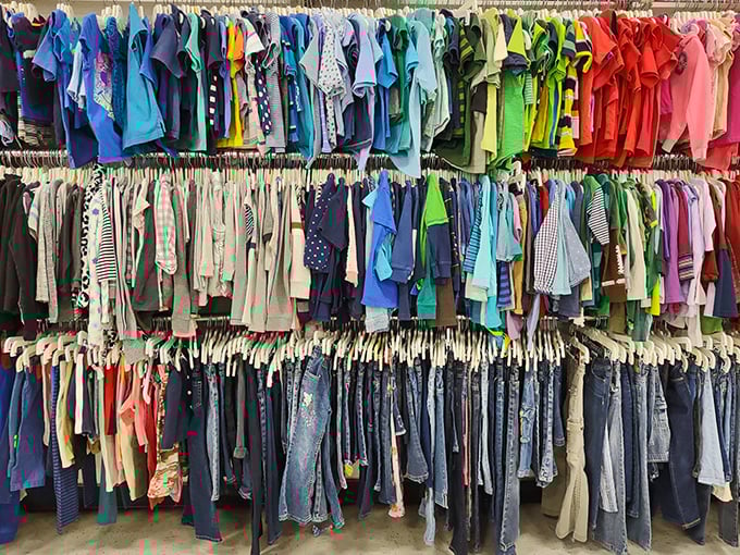 A rainbow of children's clothing arranged with military precision&mdash;proof that organization and thrift can beautifully coexist.