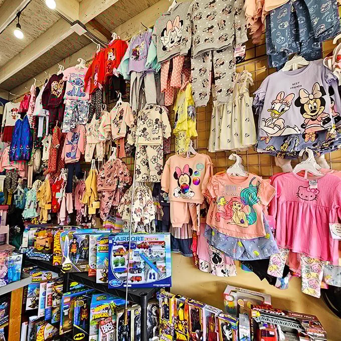 Disney dreams line the walls in pint-sized packages. Mickey, Minnie, and friends await their next adventure with tiny fashionistas.