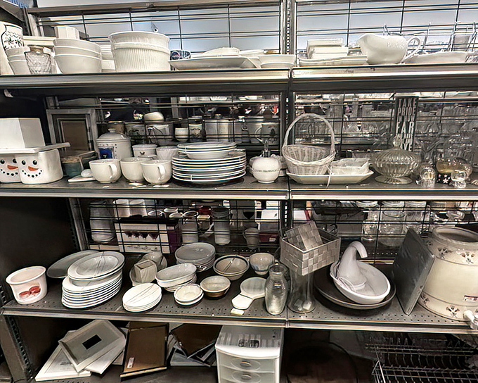 A porcelain paradise where discontinued patterns and orphaned dishes find new purpose. One person's mismatched set is another's eclectic dinner party waiting to happen.