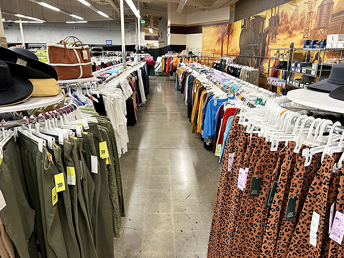 The clothing aisles stretch toward infinity, a kaleidoscope of fabrics where leopard print meets business casual in perfect harmony.