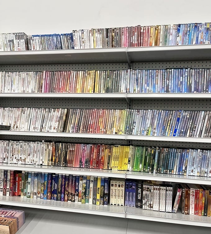 A rainbow of cinematic history lines these shelves. Who needs streaming when you can build a physical movie library for pocket change?