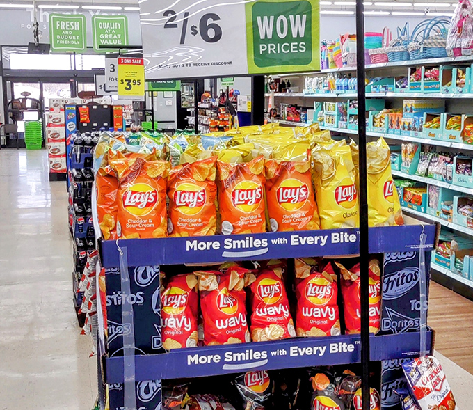 Chip heaven! These colorful towers of Lay's promise "More Smiles with Every Bite" &ndash; a snack aisle that understands the importance of proper potato chip selection.