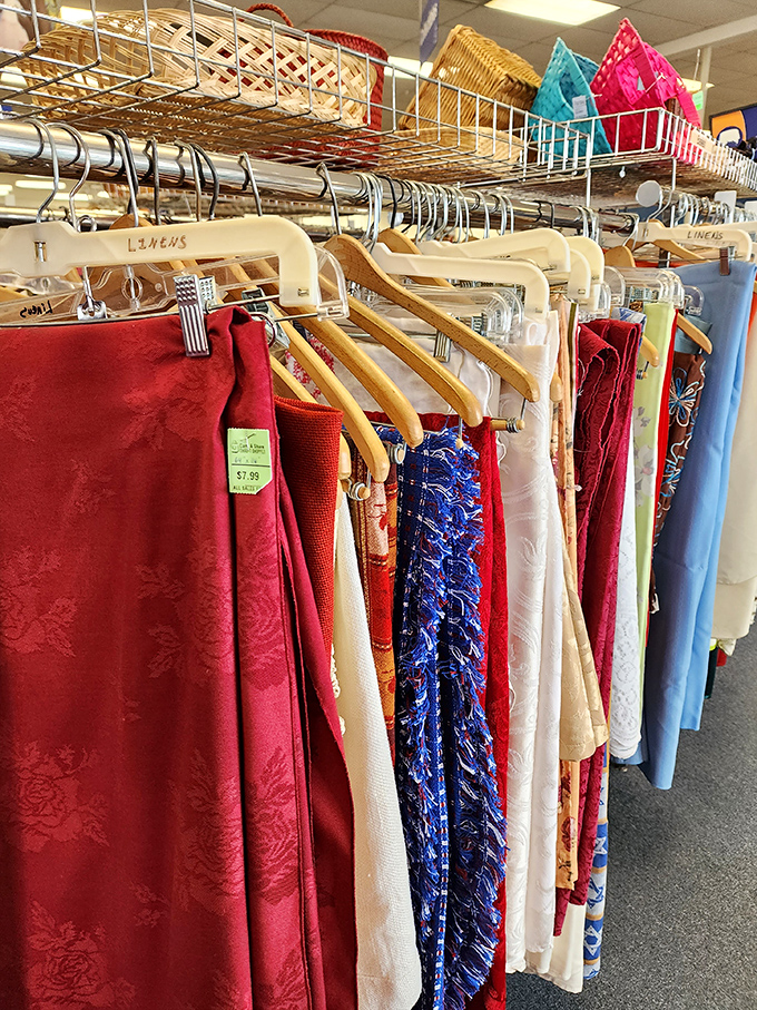 The clothing section puts many department stores to shame with its organization. That rich red fabric is practically begging to become someone's statement piece.