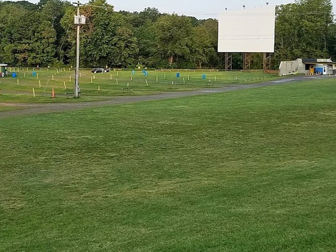 Nature's theater seating—a grassy field dotted with speaker posts standing like sentinels, guarding the sacred space between audience and silver screen.
