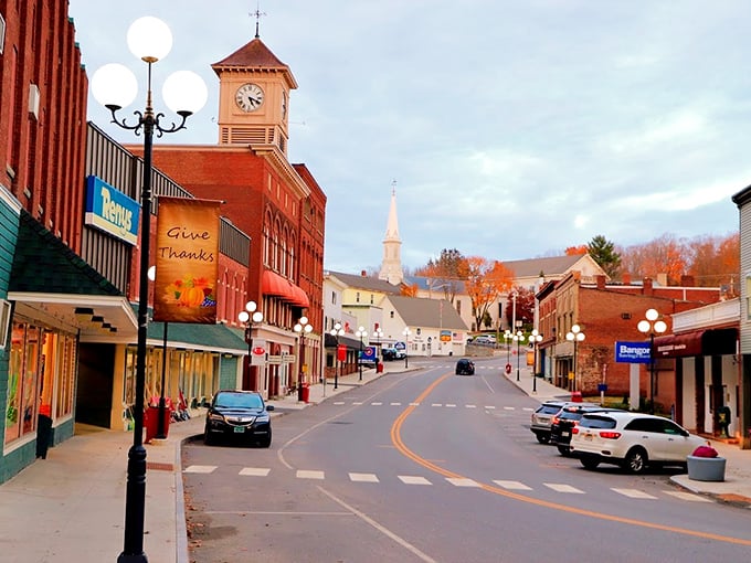 Fall in Dexter brings a palette that makes Vermont nervous. The church steeple and brick buildings create a Norman Rockwell scene without the gift shop markup.