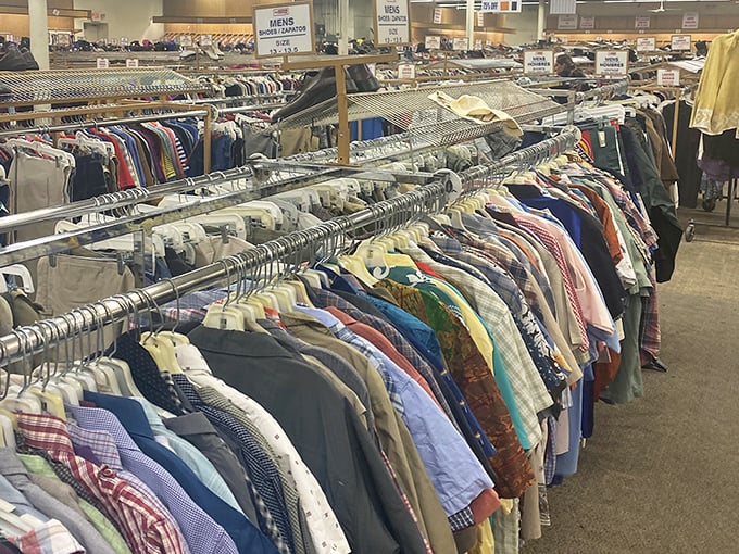 Men's shirts lined up like soldiers ready for inspection&mdash;each one with a story and a second chance at fashion glory.