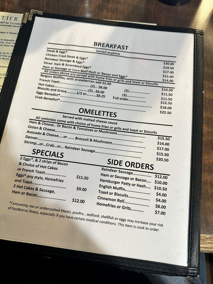 A menu that reads like an Alaskan survival guide &ndash; reindeer sausage and crab Benedict aren't just breakfast, they're cultural landmarks.