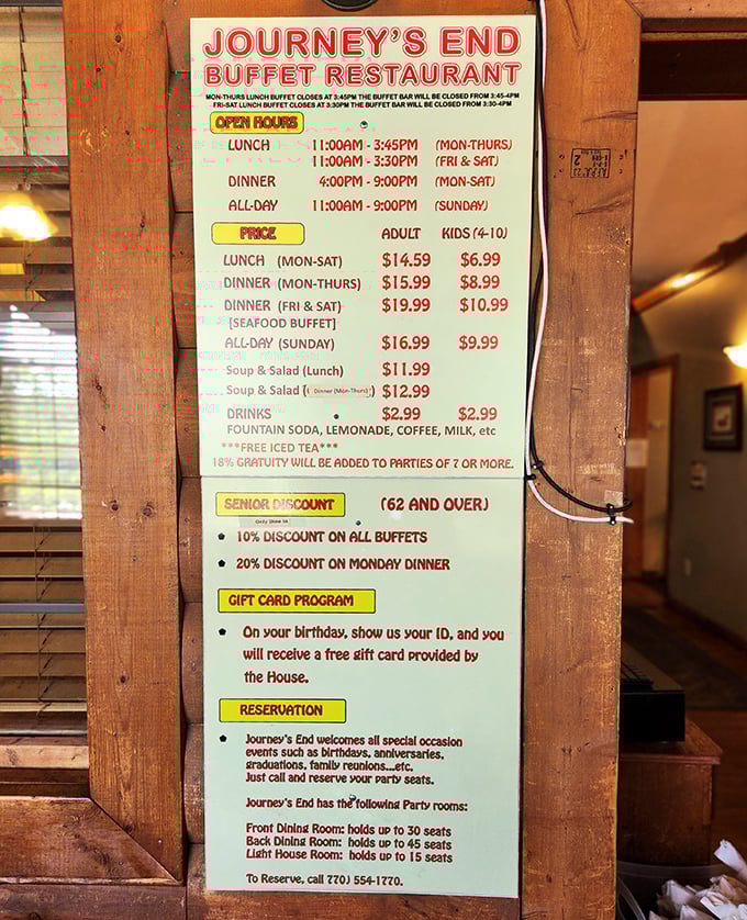 The menu board reveals the secret to Journey's End popularity: reasonable prices, generous portions, and a seafood buffet worth marking on your calendar.