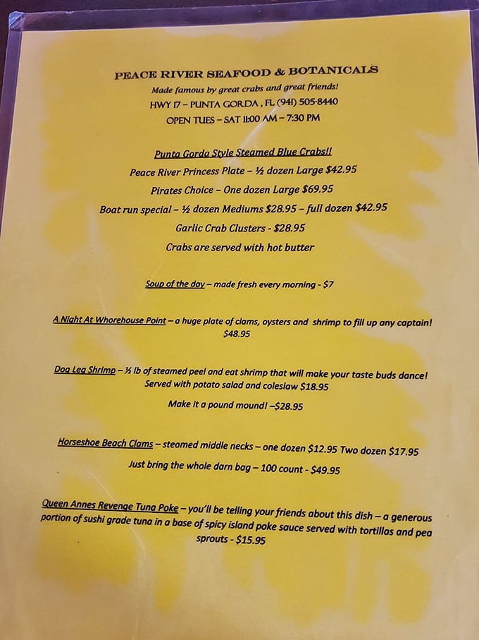 This menu reads like a love letter to the sea. "A Night At Whorehouse Point" might raise eyebrows, but trust me, it's the seafood platter of your dreams.