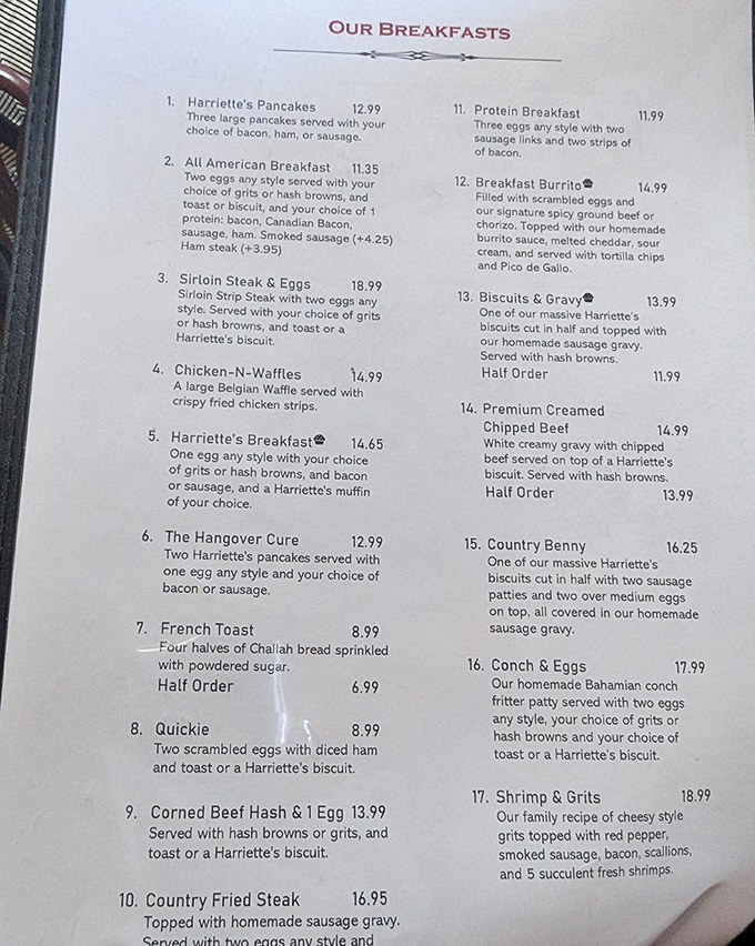 This menu isn't just a list of breakfast options&mdash;it's a roadmap to happiness with clever names like "The Hangover Cure" for those post-margarita mornings.