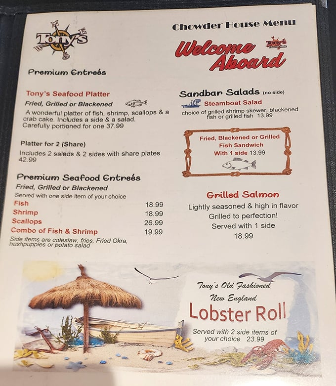 The menu reads like a love letter to seafood enthusiasts. That lobster roll is practically winking at you from the page.