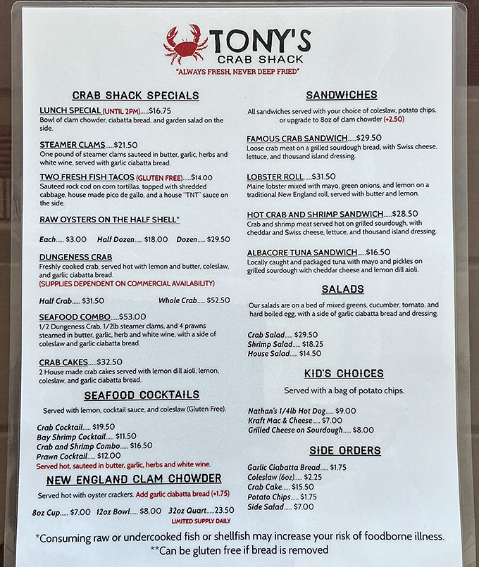 The menu reads like a love letter to Pacific Northwest waters, promising fresh catches and legendary chowder.