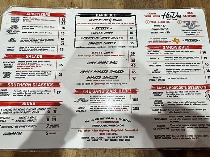 The menu reads like barbecue poetry &ndash; brisket, pulled pork, cracklin' pork belly. No fancy descriptions needed when the meat speaks for itself.