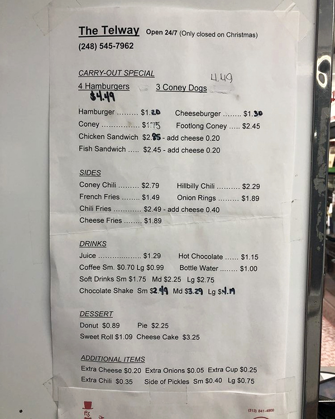 A menu so straightforward it's practically poetry—burgers, coneys, and pie, all at prices that feel like a time machine to simpler days.