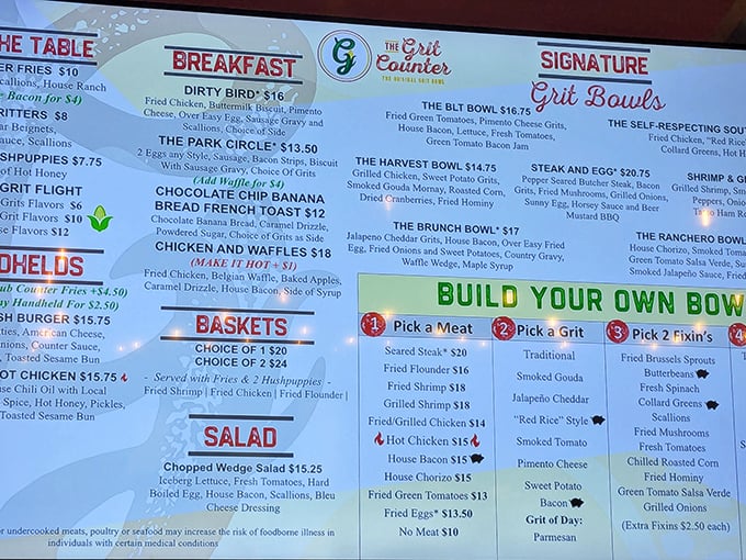 This menu isn't just a list&mdash;it's a roadmap to happiness. The "Build Your Own Bowl" section should come with a warning: decision-making may cause extreme anticipation. 