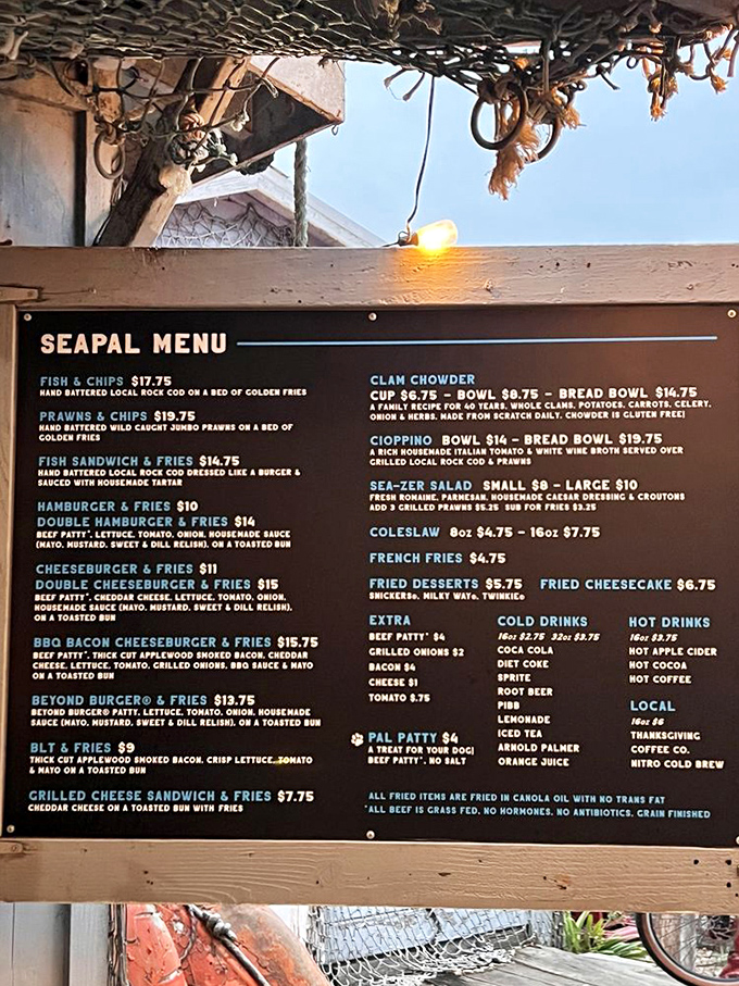 This menu tells you everything you need to know&mdash;straightforward seafood classics with zero pretension and all the flavor. The sign of a place confident in its offerings.