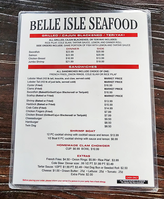 The menu at Belle Isle reads like a love letter to New England seafood traditions&mdash;straightforward, honest, and promising oceanic delights without fancy pretense.
