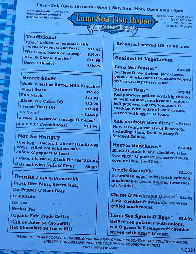 The breakfast menu reveals Luna Sea's secret weapon&mdash;seafood making surprise appearances in morning classics like their legendary Salmon Hash and Luna Sea Omelet.