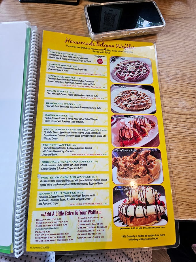The menu reads like a love letter to waffle enthusiasts, with each description promising a different path to breakfast bliss.