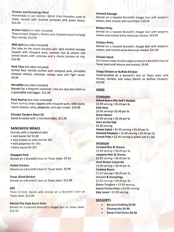 The menu reads like a love letter to smoked meat enthusiasts – where "My Dad's Recipe" baked beans hint at generations of barbecue wisdom.