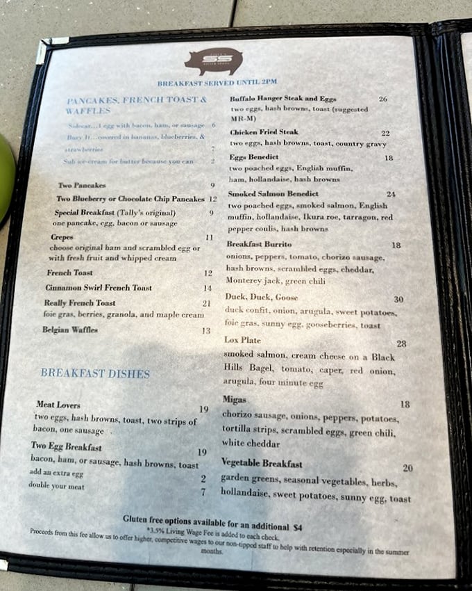 Breakfast menus that make decisions harder than choosing your favorite child—though that "Duck, Duck, Goose" with duck confit might just win the family vote.