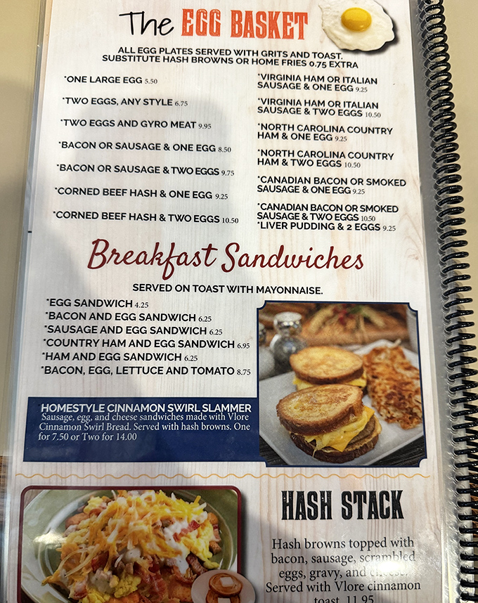 The legendary "Egg Basket" menu section is where breakfast dreams are hatched. That Cinnamon Swirl Slammer has my name written all over it!
