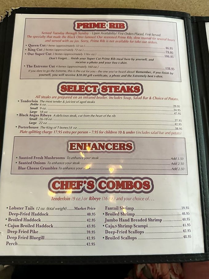 The menu that launched a thousand road trips. That "Extreme Cut" isn't just dinner&mdash;it's a Wisconsin badge of honor.