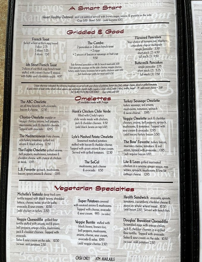 A menu that reads like a love letter to breakfast. Each option more tempting than the last, making decisions harder than choosing your favorite Beatles album.