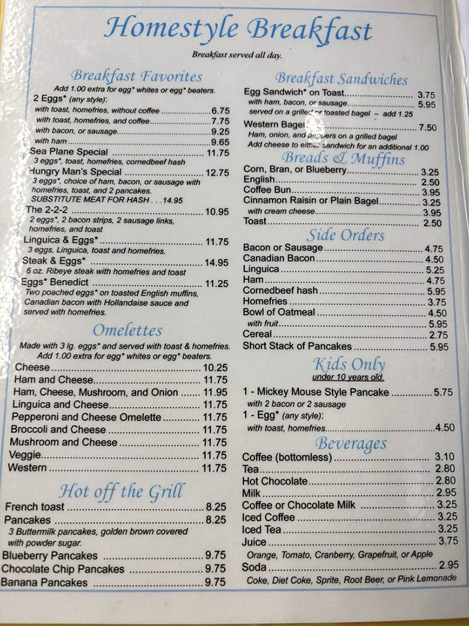 This menu isn't trying to impress food critics&mdash;it's trying to make you happy. Homestyle breakfast served all day is the promise that keeps locals coming back.