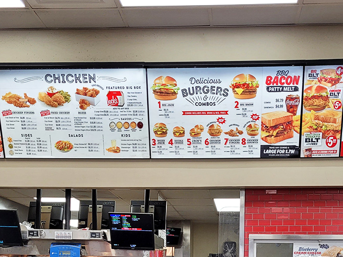 The menu board reads like a love letter to Southern classics &ndash; chicken, burgers, and biscuits taking center stage in this culinary drama.