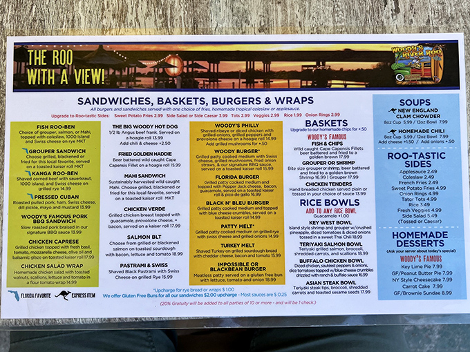 The menu reads like a love letter to comfort food with Florida flair&mdash;where else can you find a Reuben sandwich and grouper tacos sharing the same page?