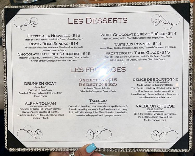 The dessert menu reads like a love letter to French patisserie. That Chocolate Hazelnut Dacquoise is calling my name louder than my cardiologist.