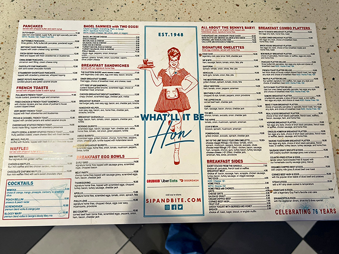 This menu isn't just extensive&mdash;it's a novel of breakfast possibilities with a starring role for Maryland's beloved crab.