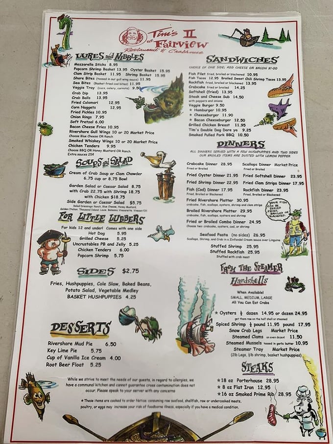 A menu that reads like a love letter to the Chesapeake Bay. The illustrated characters seem to say, "Yes, we're serious about seafood, but we don't take ourselves too seriously."