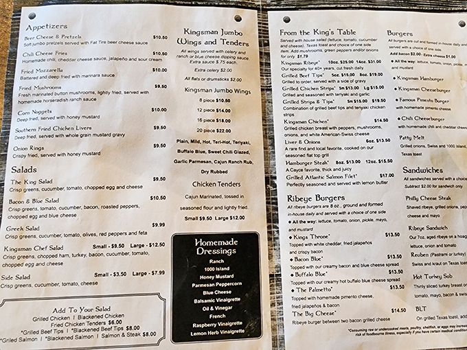 This menu isn't just a list of options – it's a roadmap to happiness. The "Big Cheese" burger alone might require a post-meal nap.