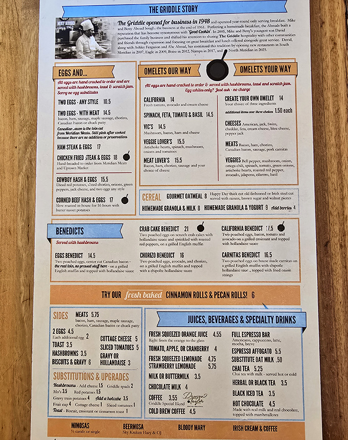 This menu reads like a greatest hits album of breakfast, and yes, you absolutely can create your own omelet.