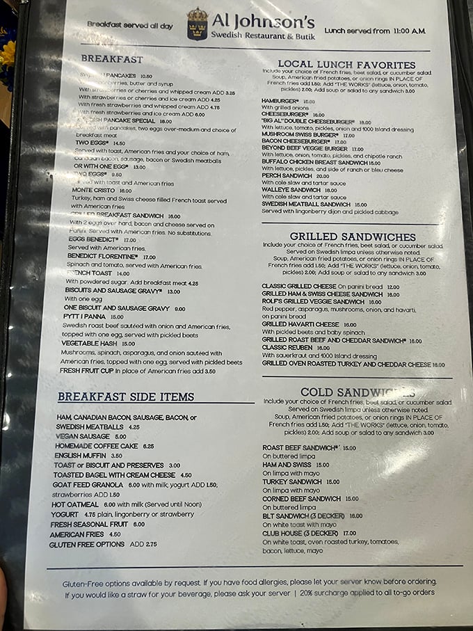 The menu reads like a delicious geography lesson of Sweden, with pancakes taking center stage. Decision paralysis has never been so appetizing.